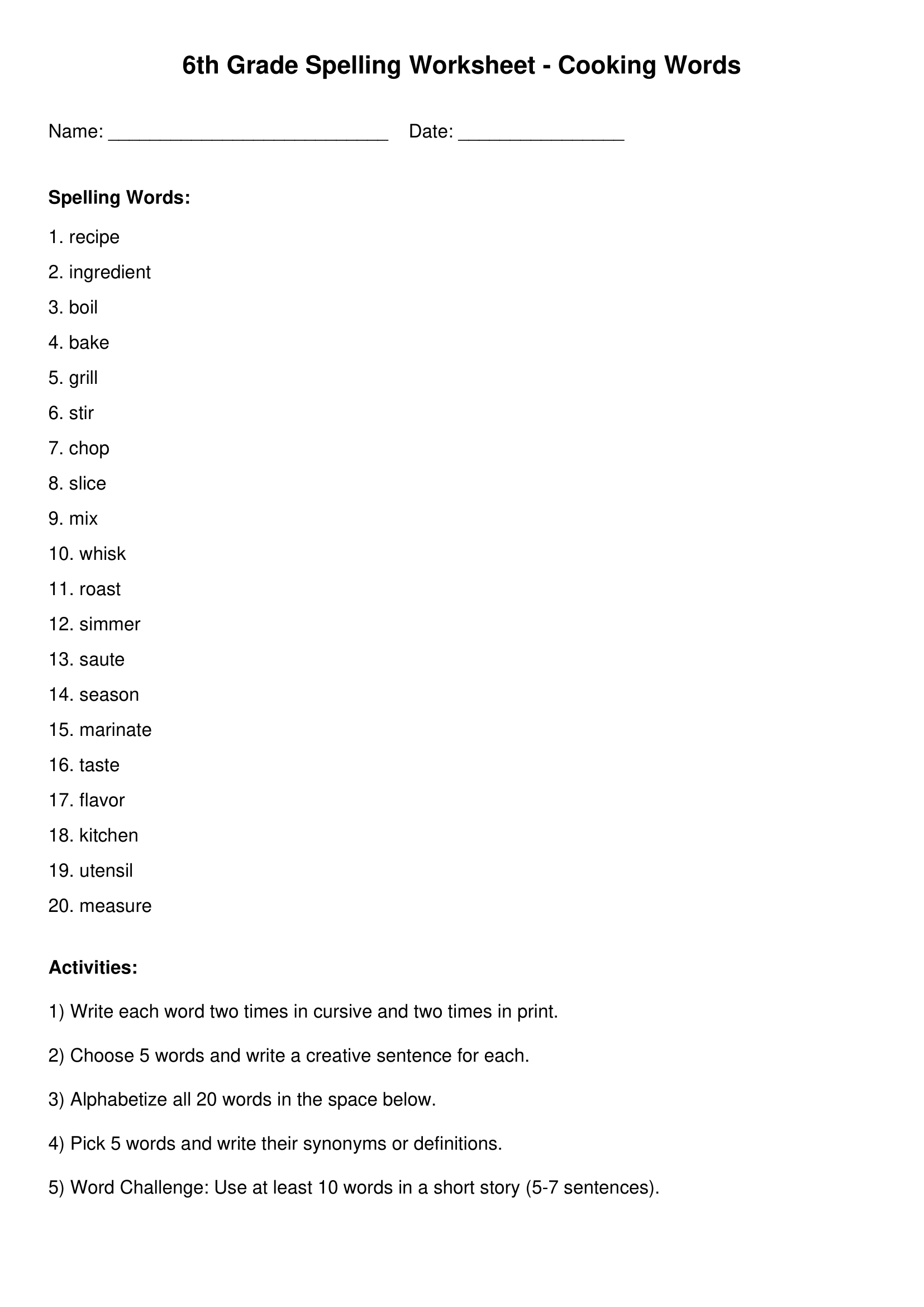 6th Grade Spelling Worksheets | Cooking Words 6th Grade Spelling Worksheets