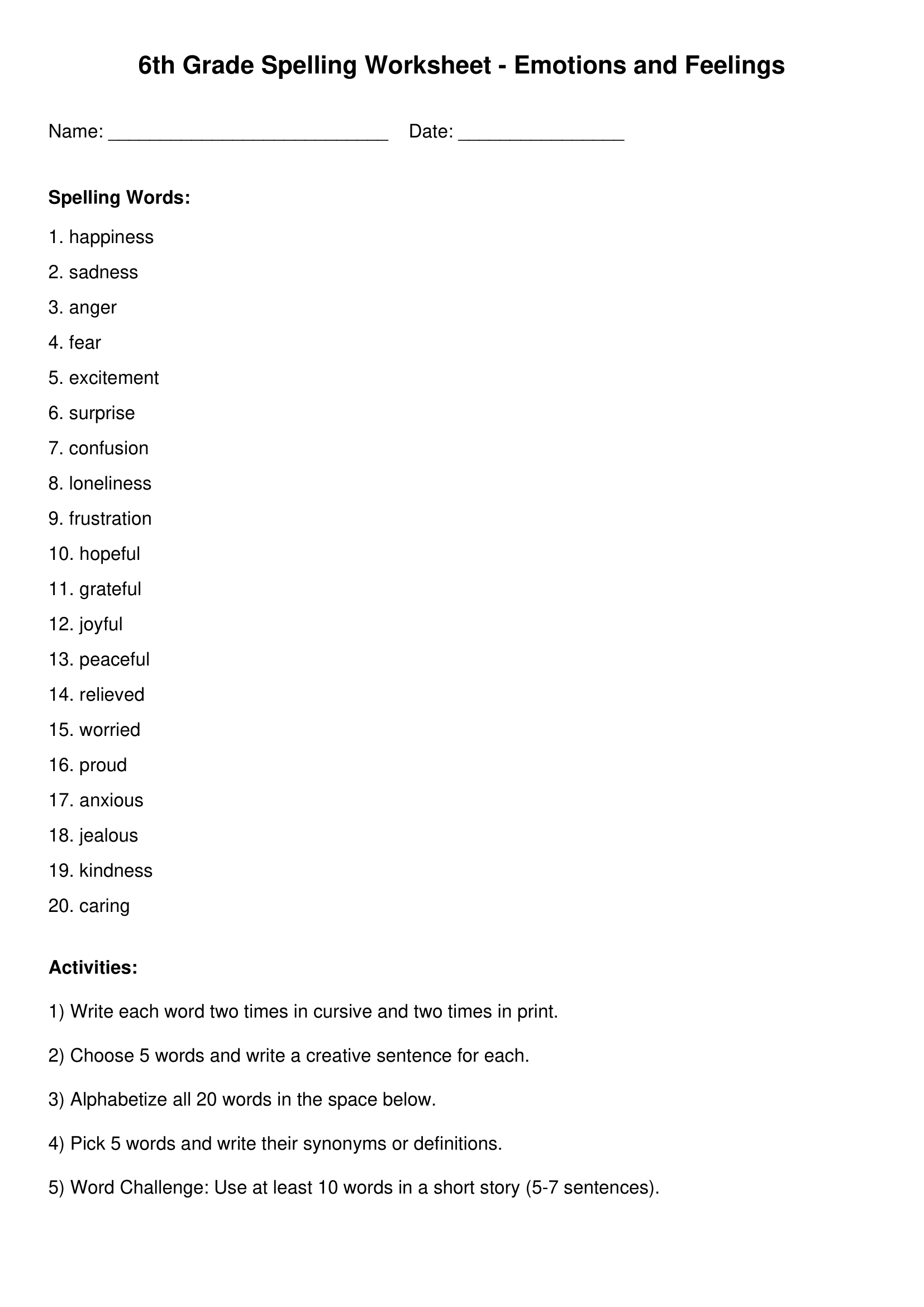 6th Grade Spelling Worksheets | Emotions and Feelings 6th Grade ...