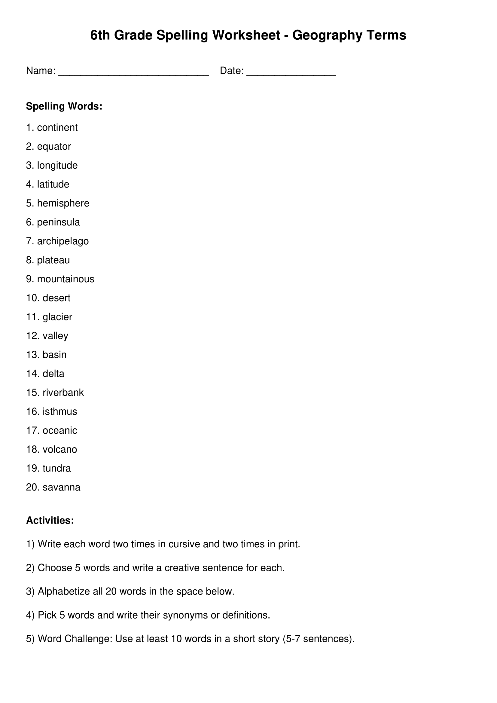 6th Grade Spelling Worksheets | Geography Terms 6th Grade Spelling ...