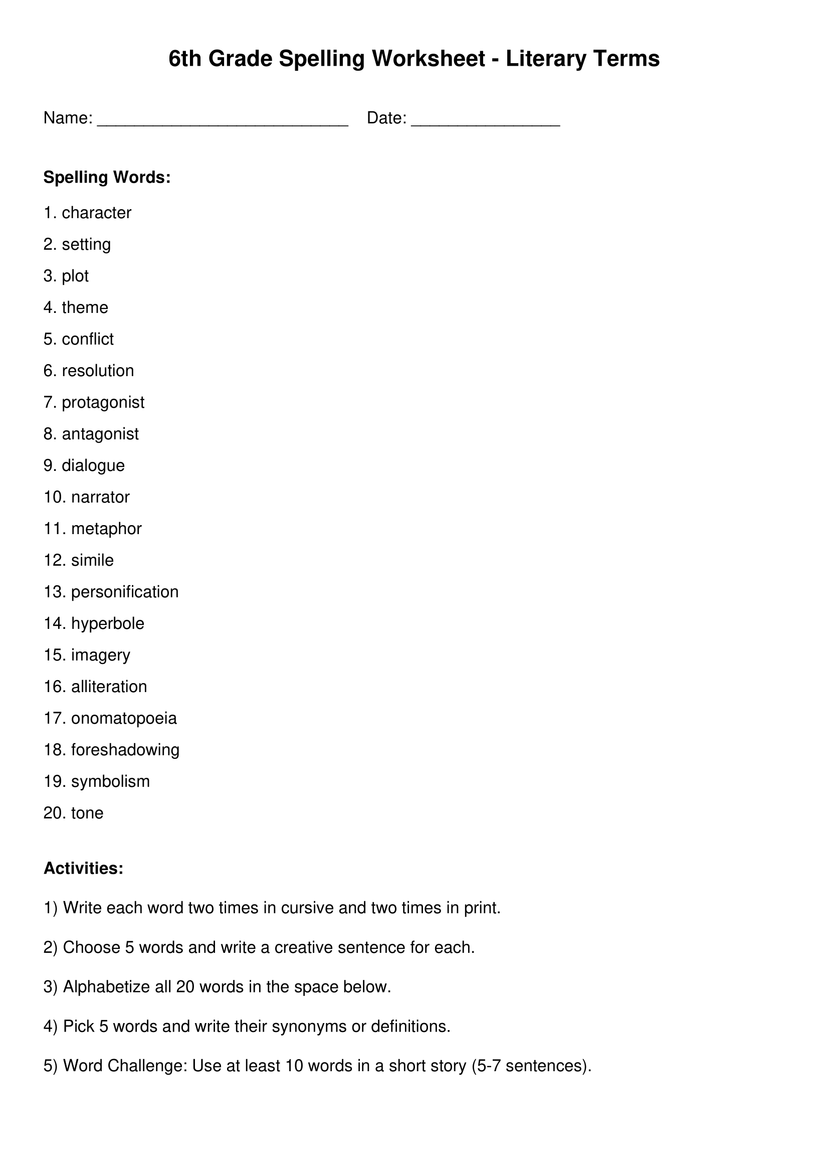 Sixth Grade Spelling Worksheets | Printable Word Lists & Vocabulary ...