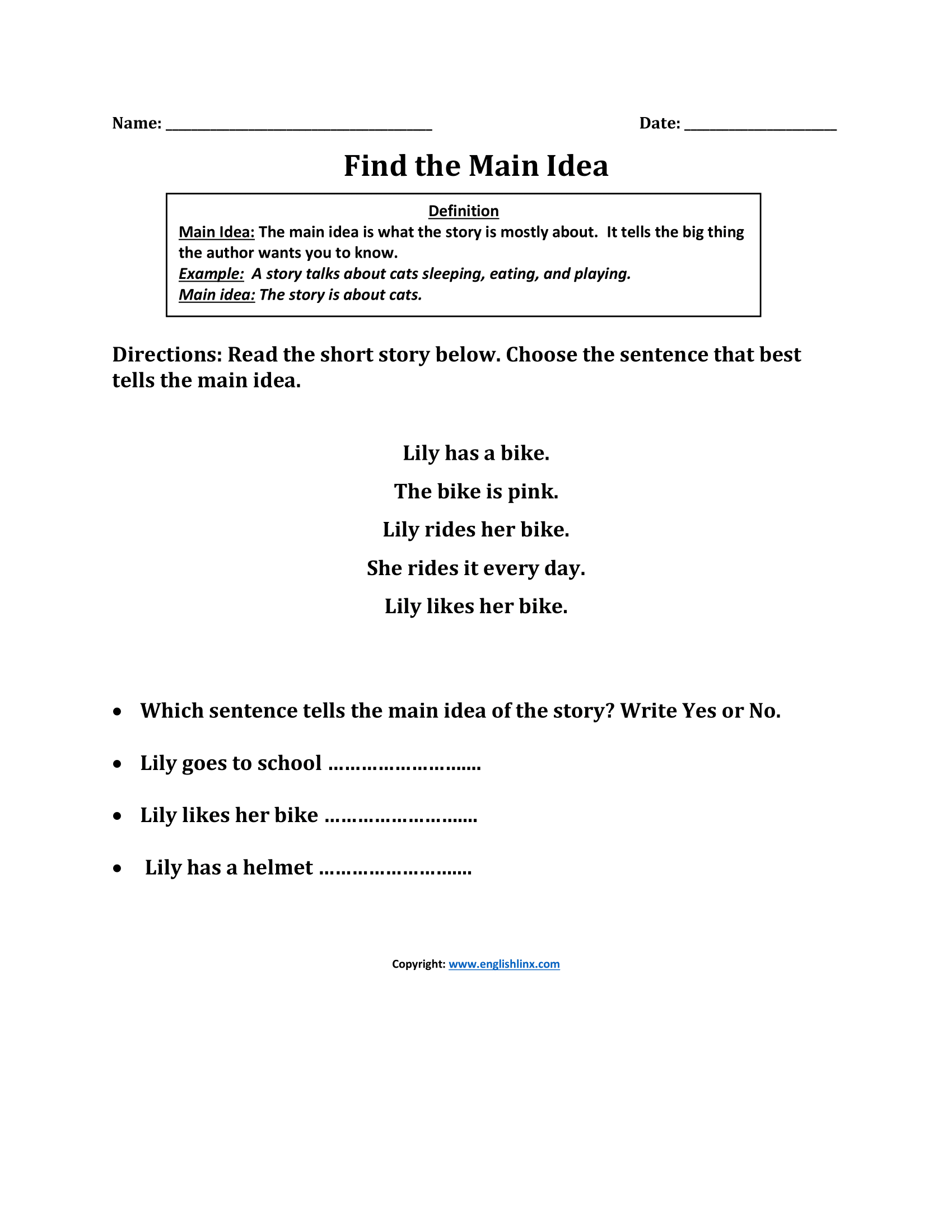 Looking for the Main Idea Worksheet