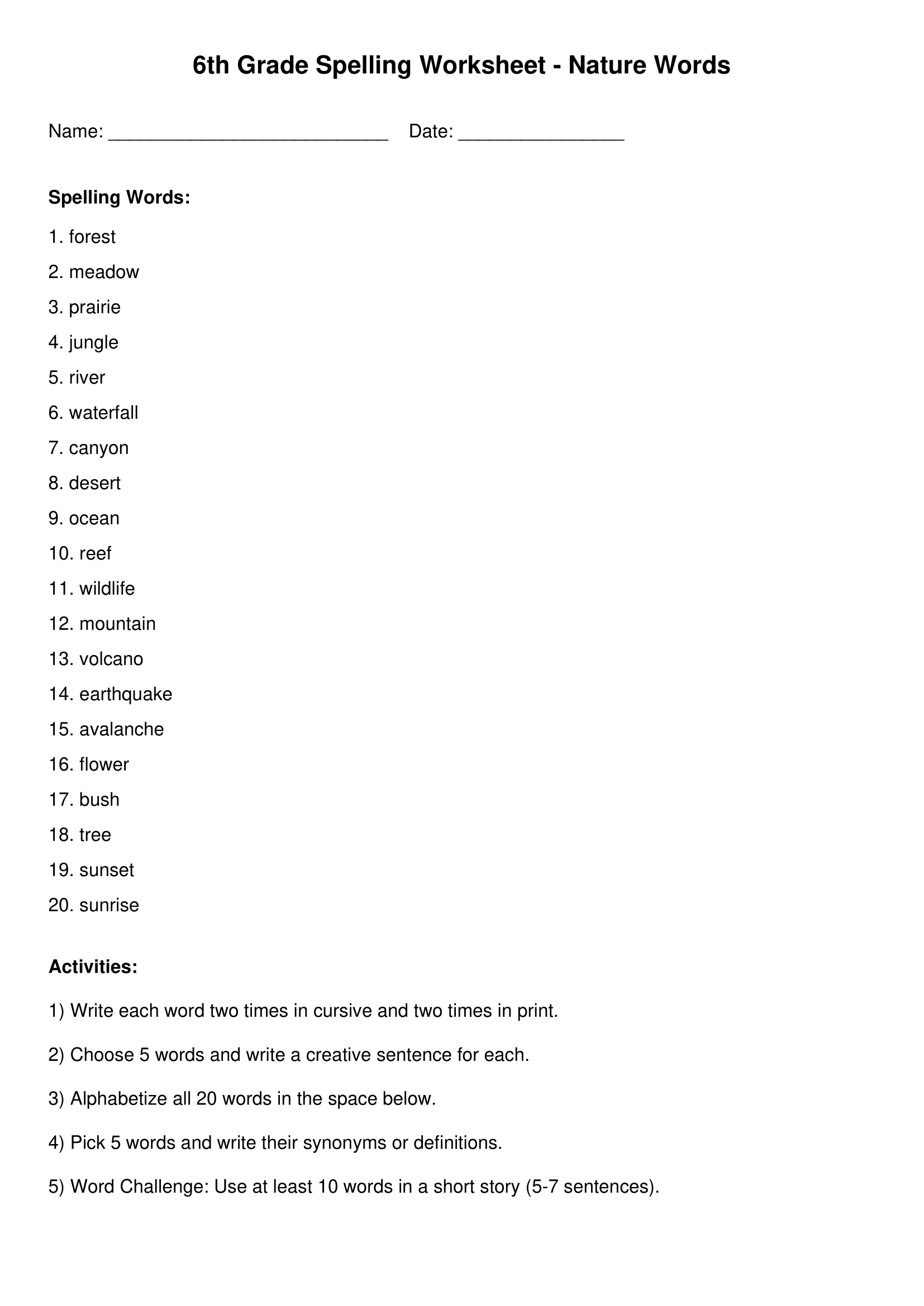 6th Grade Spelling Worksheets | Nature Words 6th Grade Spelling Worksheets