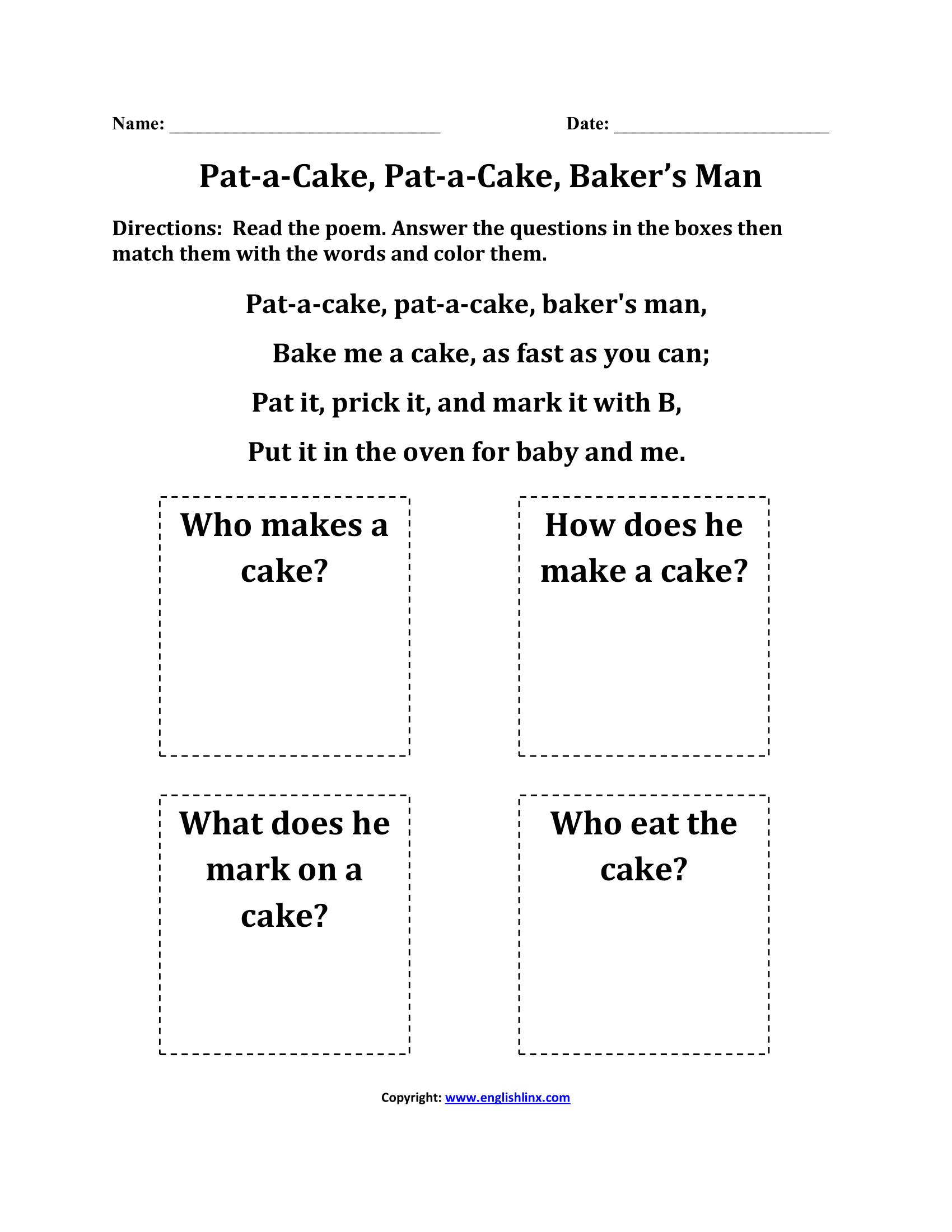 Pat-a-Cake Worksheet | Kindergarten Poetry and Comprehension