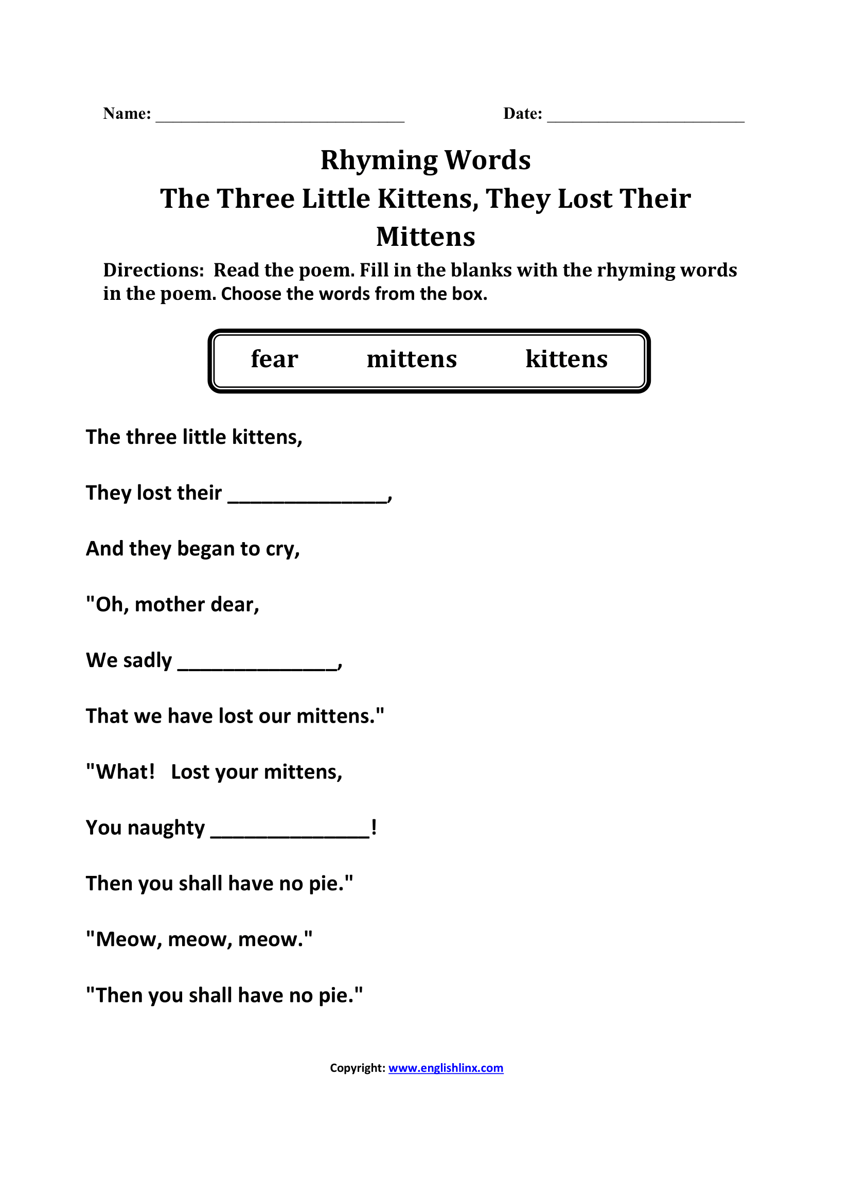 Poem Rhyming Words | Kindergarten Poetry Worksheet