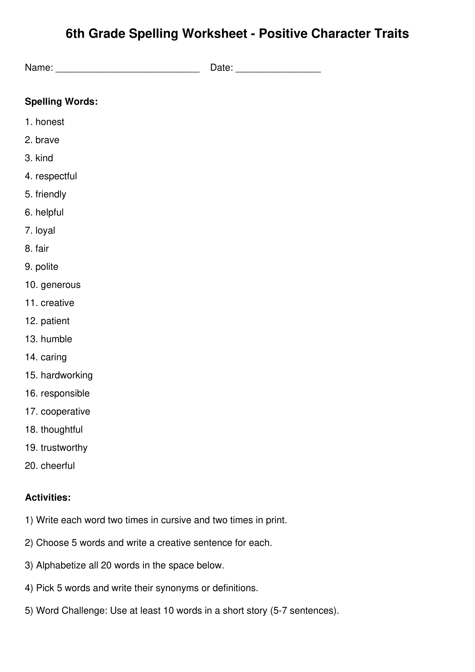 6th Grade Spelling Worksheets | Positive Character Traits 6th Grade ...