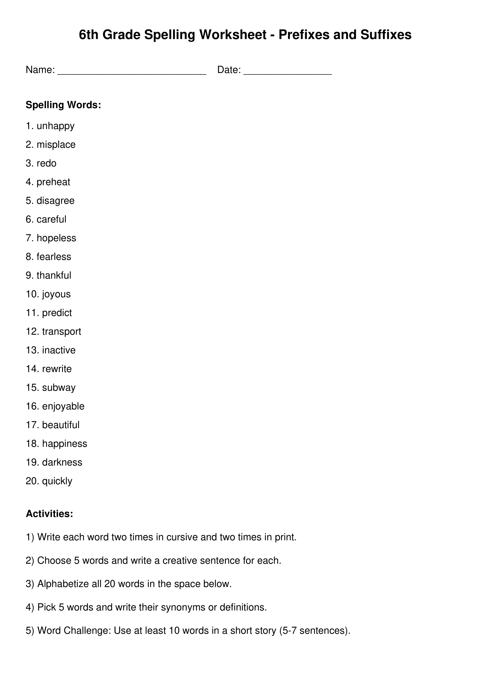 6th Grade Spelling Worksheets | Prefixes and Suffixes 6th Grade ...