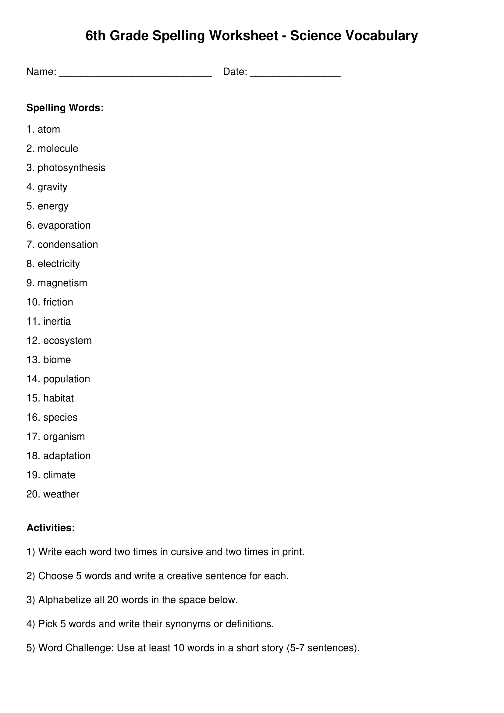 6th Grade Spelling Worksheets | Science Vocabulary 6th Grade Spelling ...