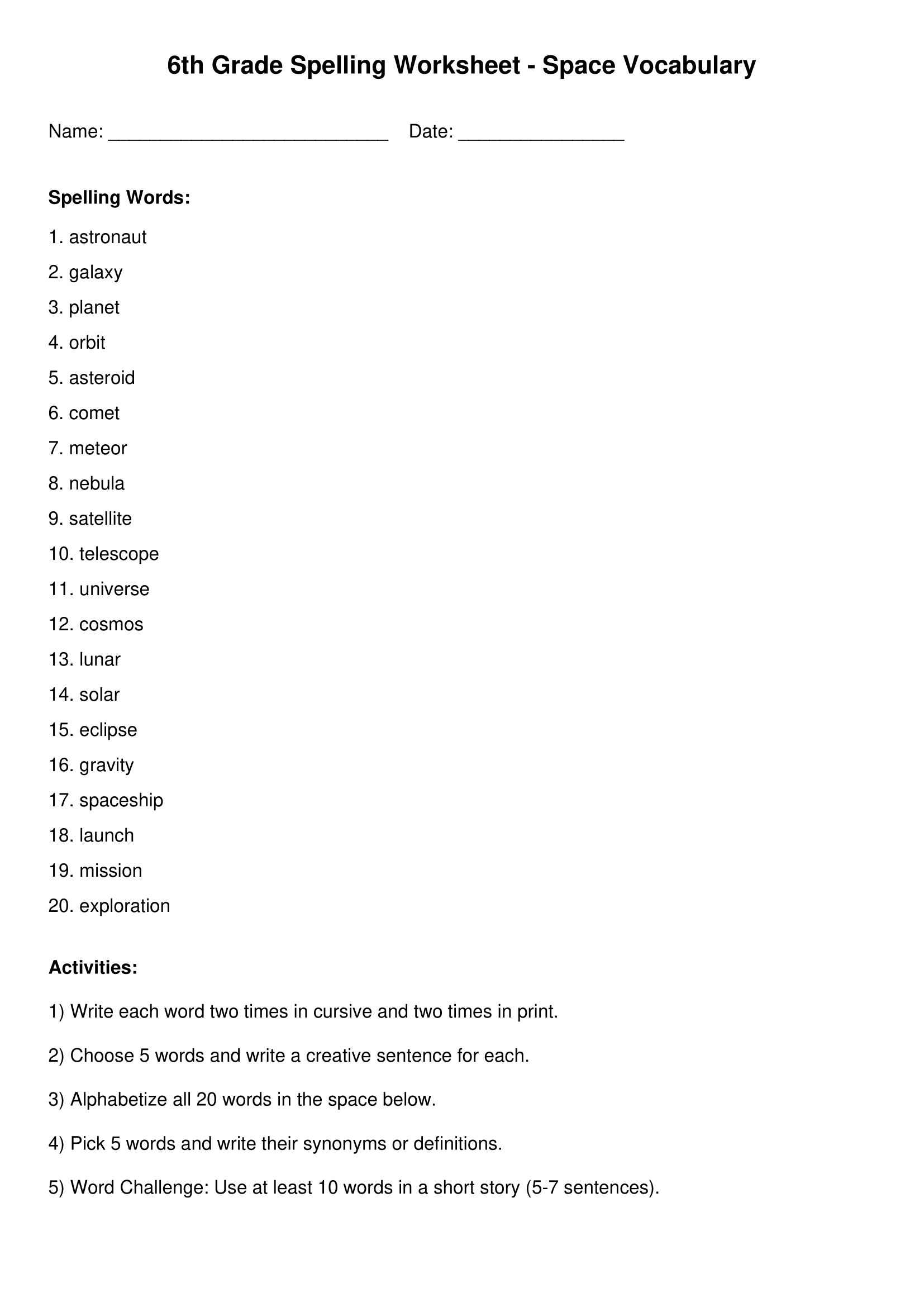 Sixth Grade Spelling Worksheets | Printable Word Lists & Vocabulary ...