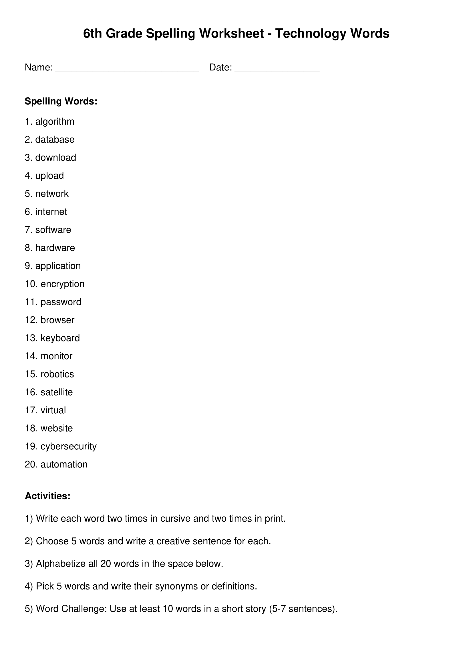 6th Grade Spelling Worksheets | Technology Words 6th Grade Spelling ...