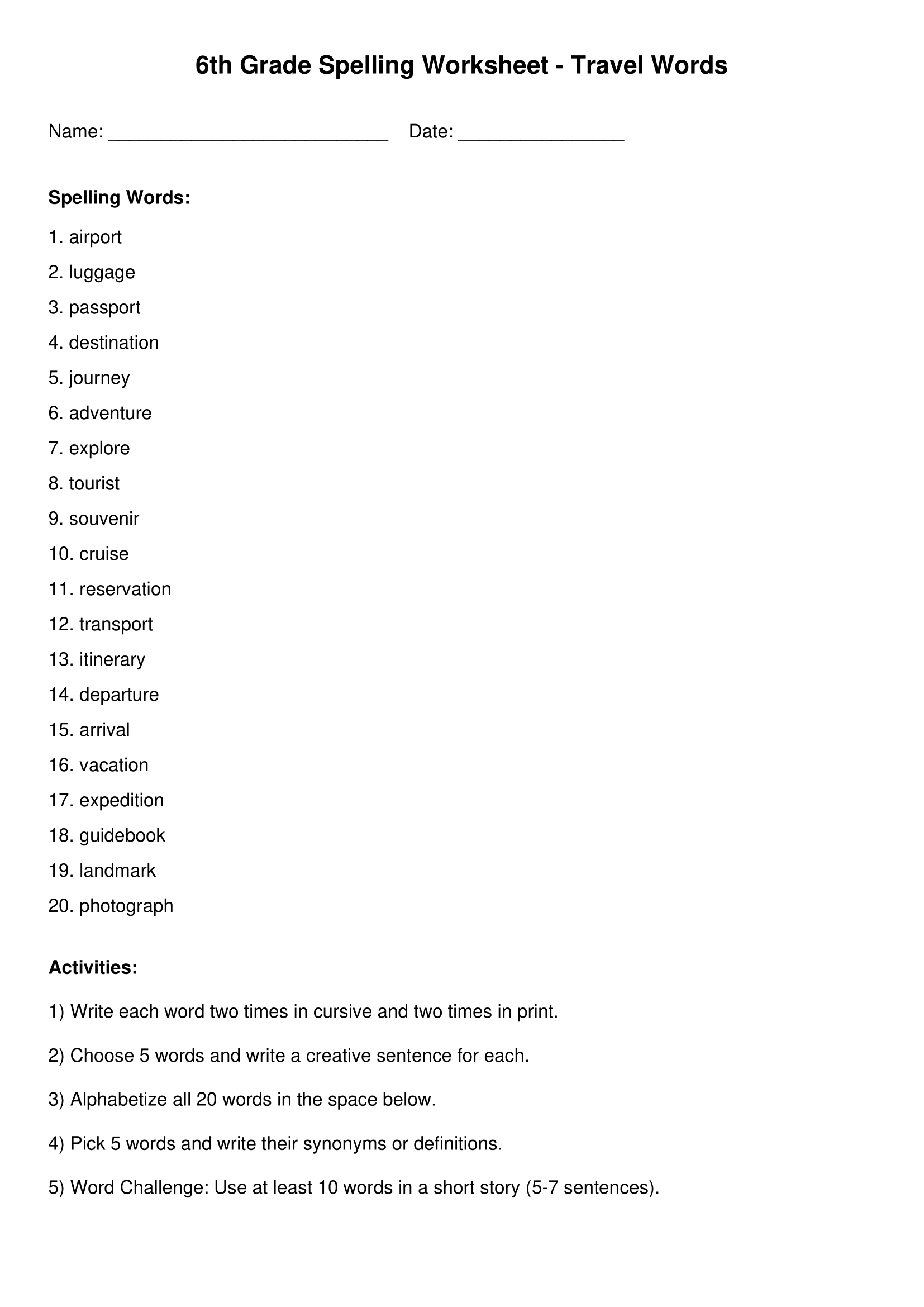 6th Grade Spelling Worksheets | Travel Words 6th Grade Spelling Worksheets