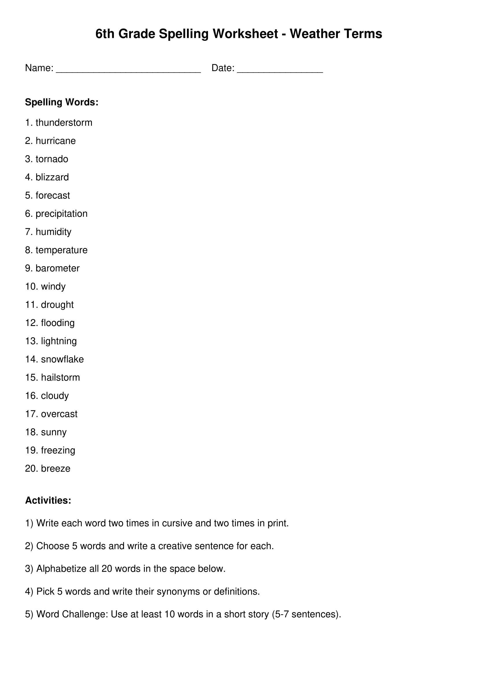 6th Grade Spelling Worksheets | Weather Terms 6th Grade Spelling Worksheets
